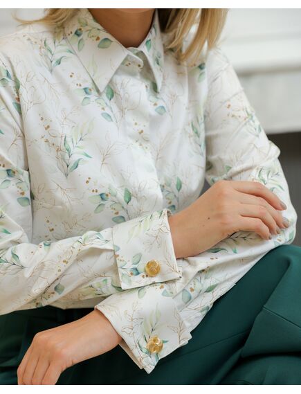 Женская рубашка из хлопа под запонки с принтом зеленые и золотистые ...